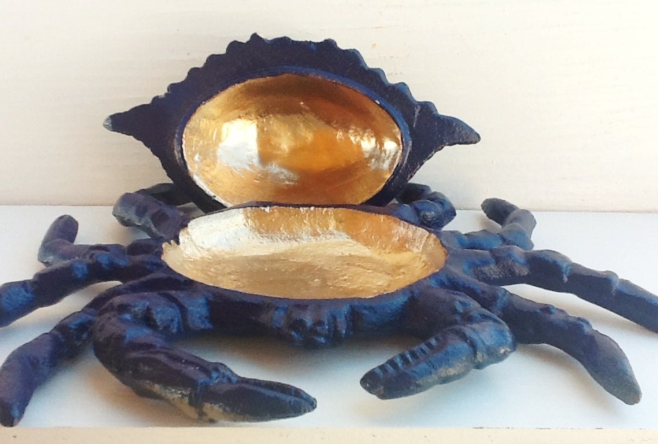 Cast Iron Crab Key Hider Holder-nautical Blue Gold-garden - Etsy