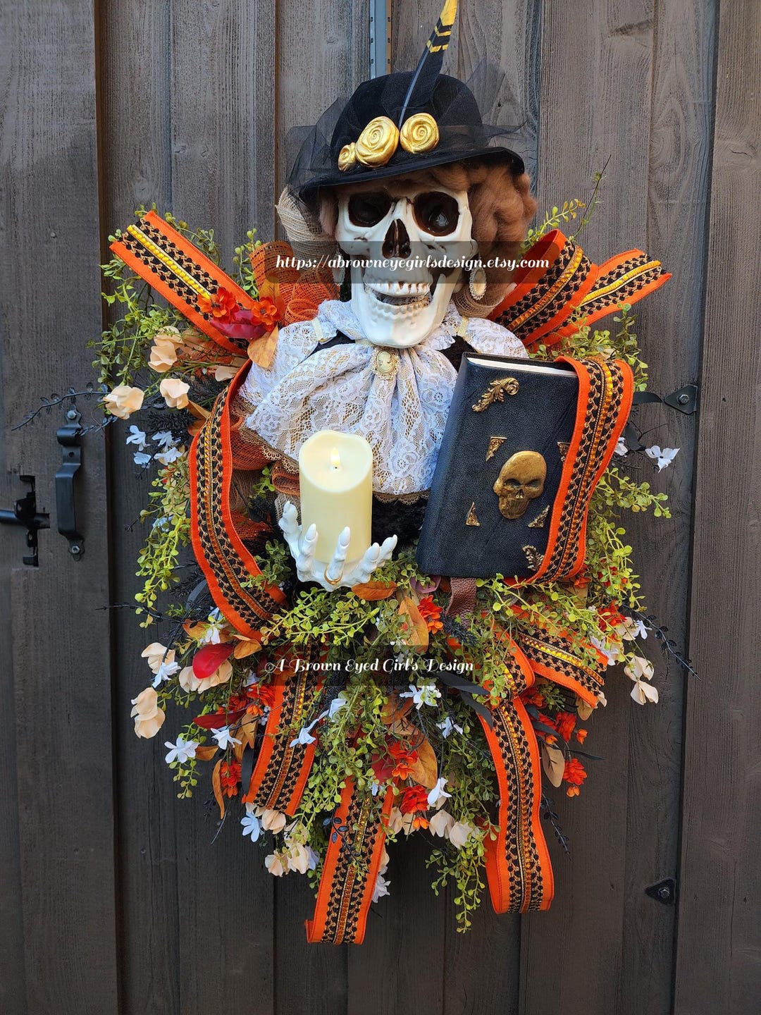 Victorian Skeleton Wreath: Glowing Candle, Skull Spellbook, Jeweled ...