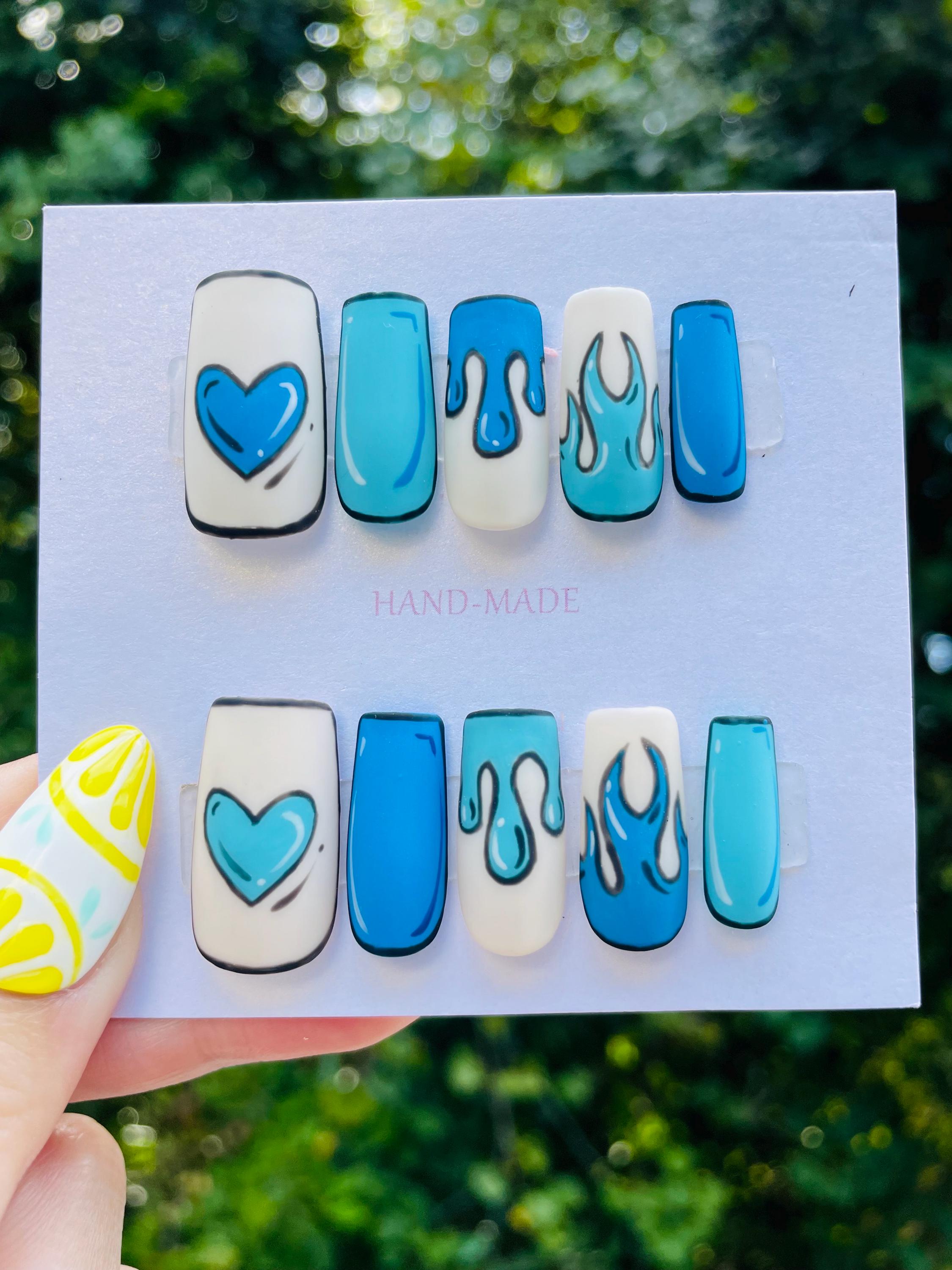 Handmade Comic Pop Art Press on Nails: Anime Flame Drip Design - Etsy