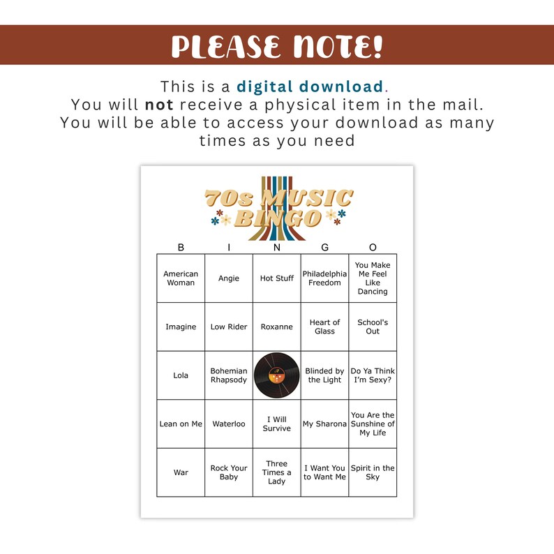 70s Music Bingo Game: 50 Printable Cards (digital Download) - With ...