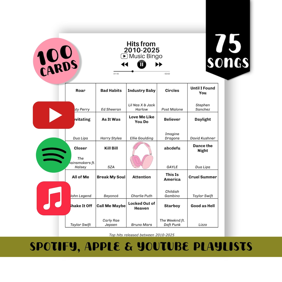 2000s Music Bingo Game: 100 Cards, Spotify/apple/youtube Playlists ...