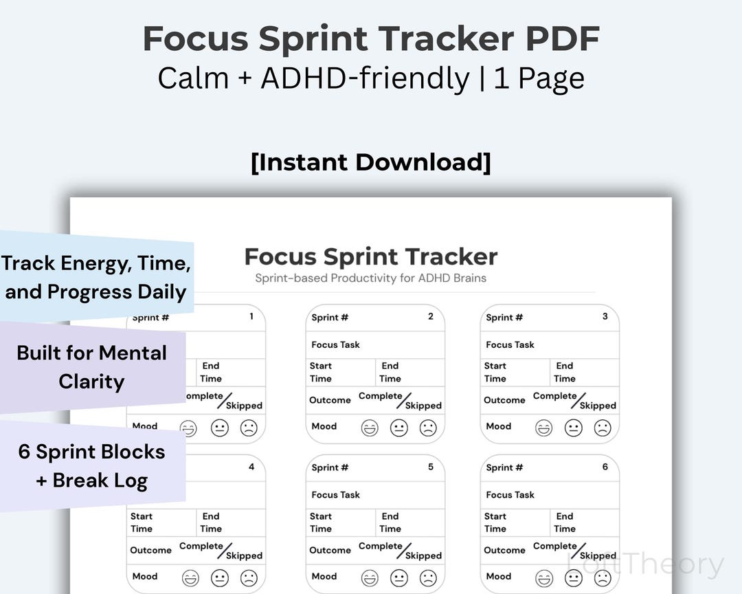 Focus Sprint Tracker PDF | ADHD Productivity Tool | Track Tasks Energy ...