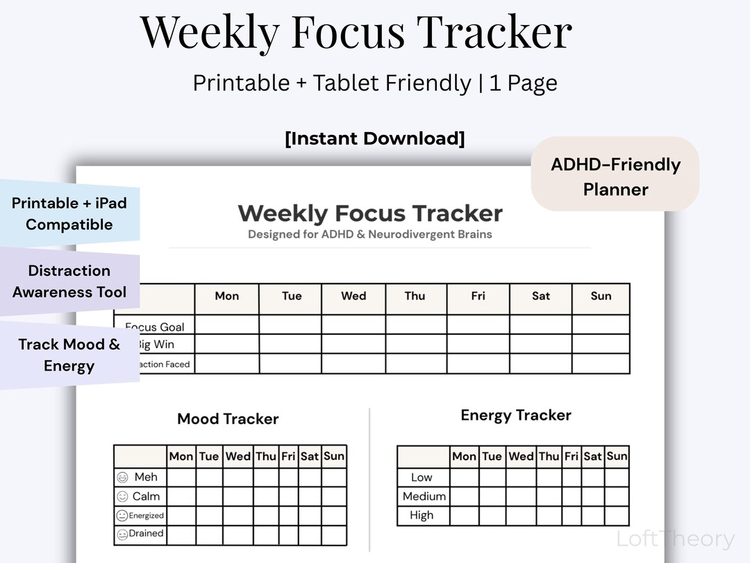 Weekly Focus Tracker | ADHD Printable Planner PDF | Mood & Energy Log ...