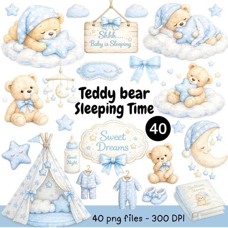 Blue Teddy Bear Clipart Bundle, Baby Boy Shower Graphics (300+ Pngs) - Etsy