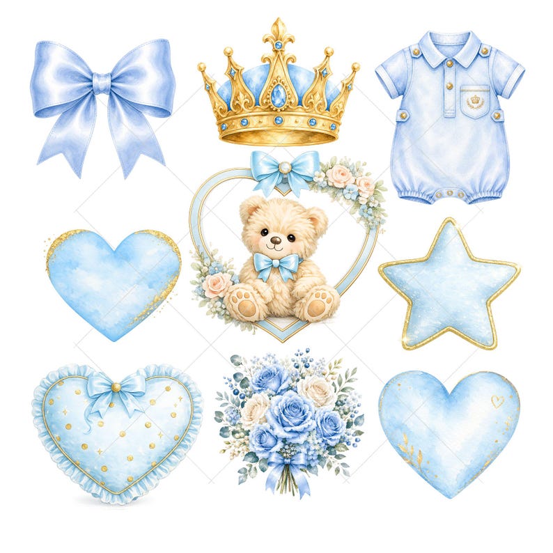 Blue Teddy Bear Clipart – Watercolor Baby Boy Elements (instant ...
