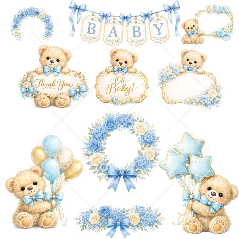 Blue Teddy Bear Clipart – Watercolor Baby Boy Elements (instant ...