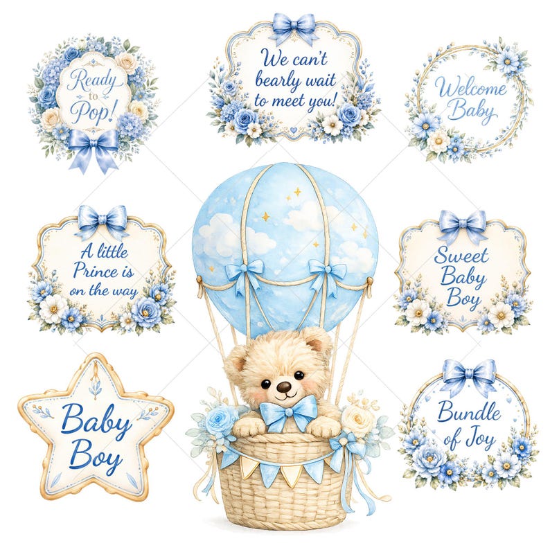 Blue Teddy Bear Clipart – Watercolor Baby Boy Elements (instant ...