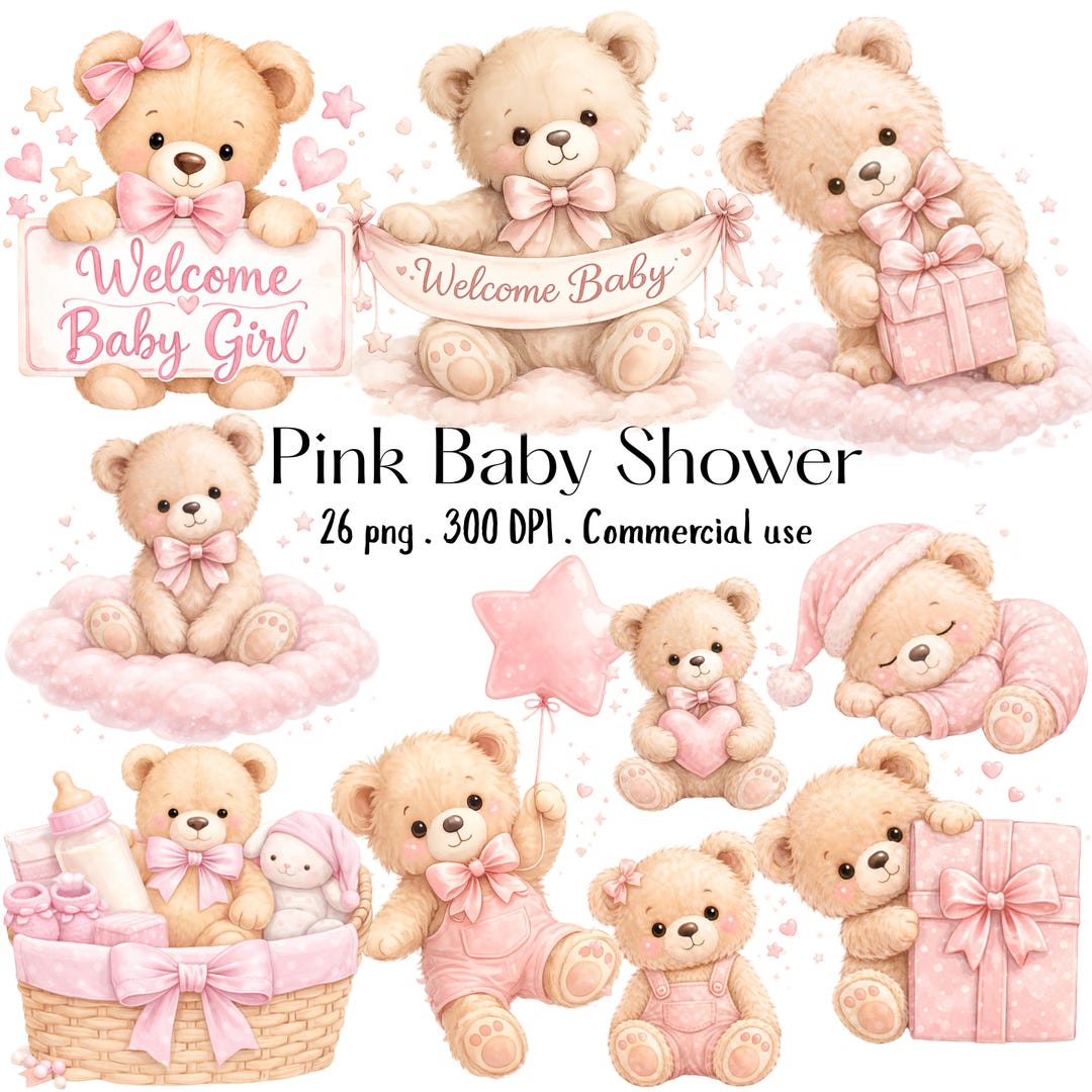 Pink Teddy Bear Baby Shower Clipart – Watercolor Baby Girl PNG (digital ...