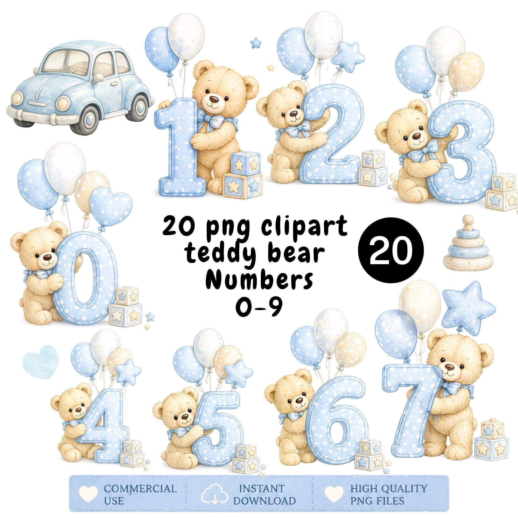 Blue Teddy Bear Number Clipart Set, Blue Baby Numbers 0-9 (20 PNG ...