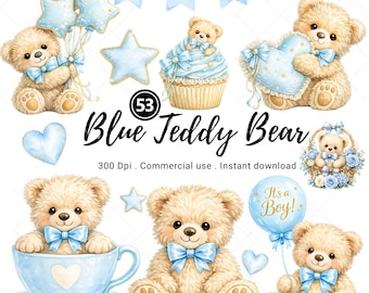Blue Teddy Bear Clipart – Watercolor Baby Boy Elements (instant ...
