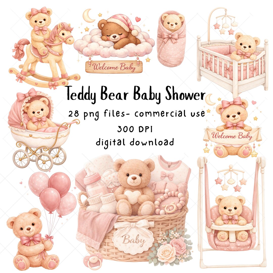 Watercolor Teddy Bear Baby Shower Clipart, Pink Neutral Baby Girl PNG ...