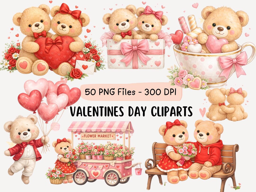 Valentine Teddy Bear Clipart – 50 Watercolor Pngs (instant Download ...