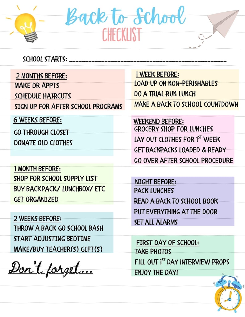 Back to School Checklist | Printable Countdown Planner for Parents ...