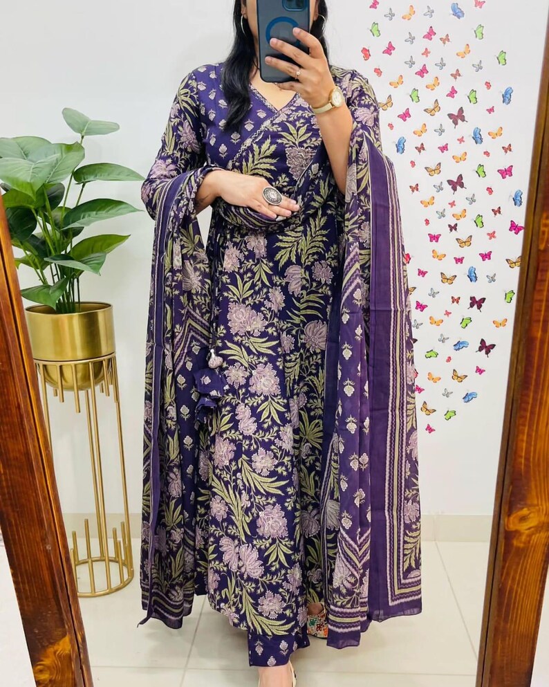 Boho Floral Indian Kurta Set | Purple Cotton Anarkali Dress With ...