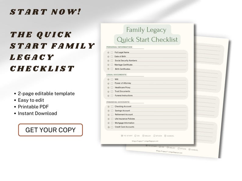 Family Legacy Start Checklist | End of Life Planning Printable | Estate ...