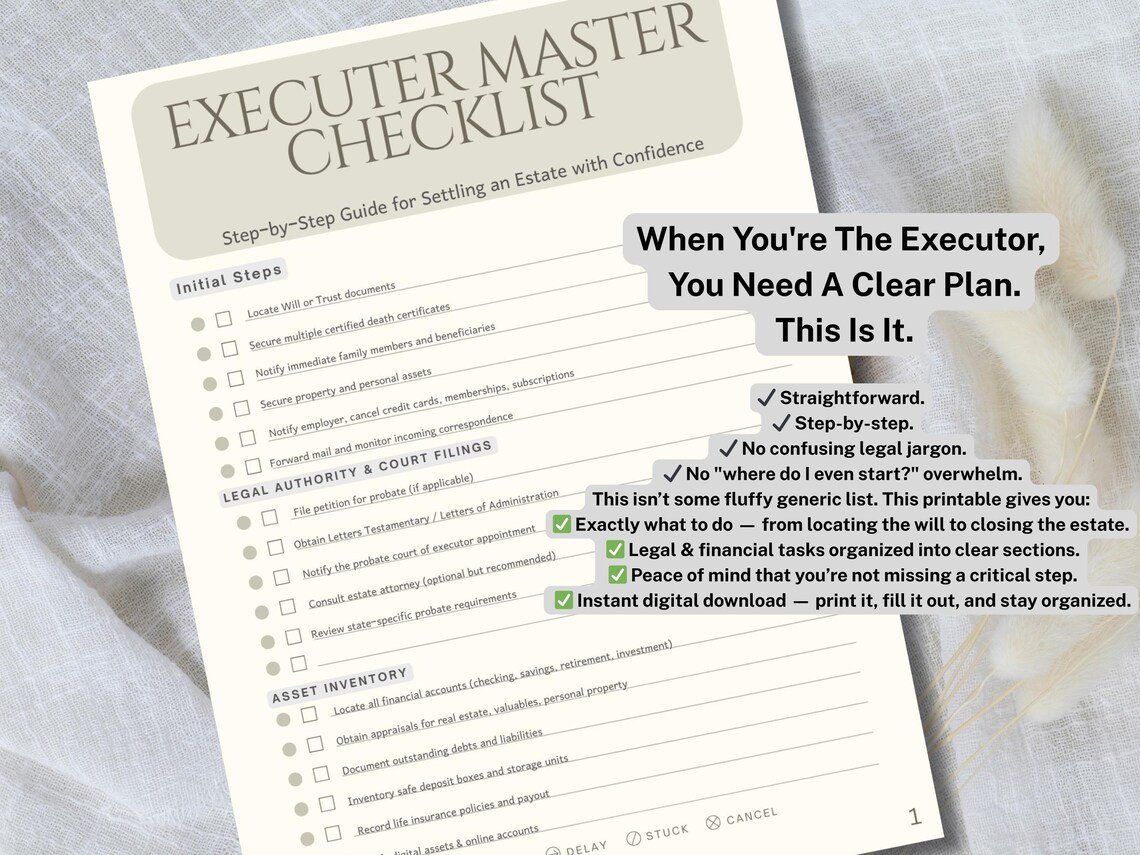 Executor Duties Checklist: Estate Settlement Guide (PDF Printable Download) - Etsy