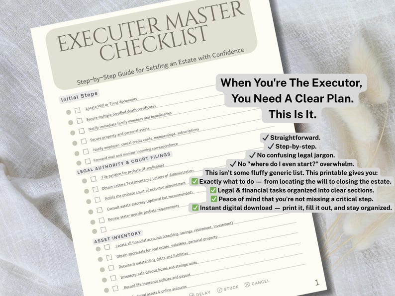Executor Duties Checklist: Estate Settlement Guide (PDF Printable Download) - Etsy