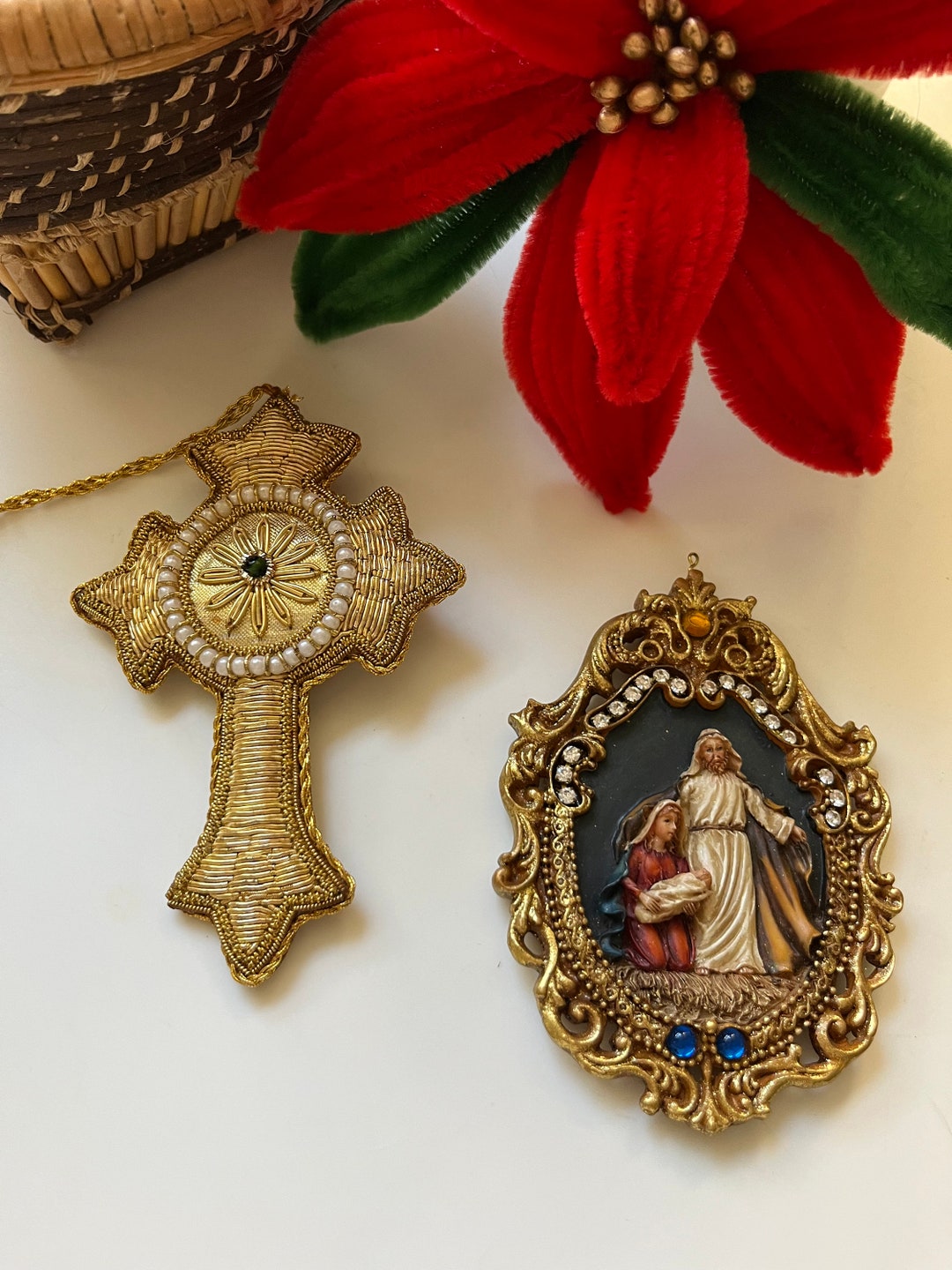 Religious Christmas Ornaments, Gold Threaded Cross, Baby Jesus - Etsy