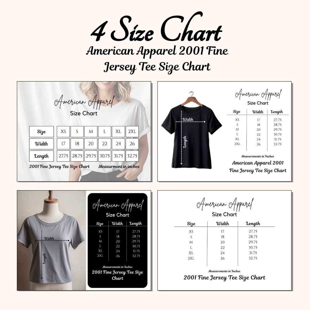 American Apparel 2001 Size Chart Bundle, Fine Jersey Tee Size Guide ...