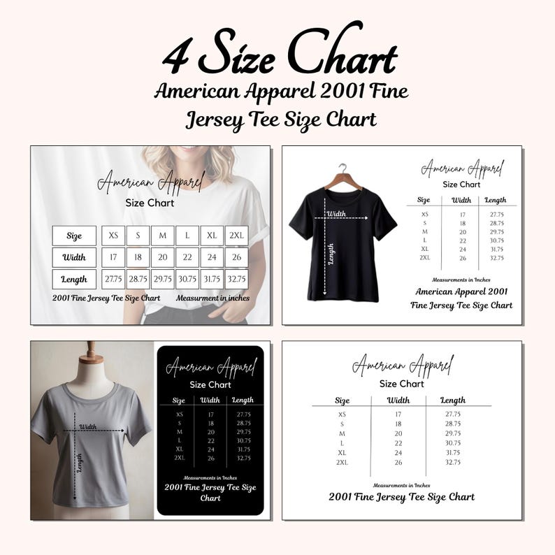 American Apparel 2001 Size Chart Bundle, Fine Jersey Tee Size Guide ...