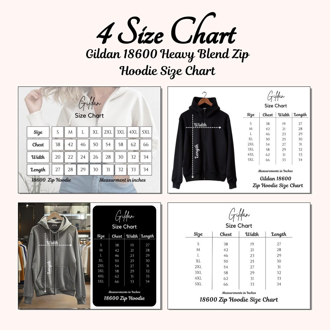Gildan 18600 Size Chart Bundle, Zip Hoodie Size Guide, Heavy Blend ...