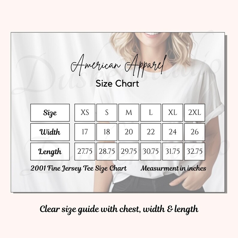 American Apparel 2001 Size Chart Bundle, Fine Jersey Tee Size Guide ...