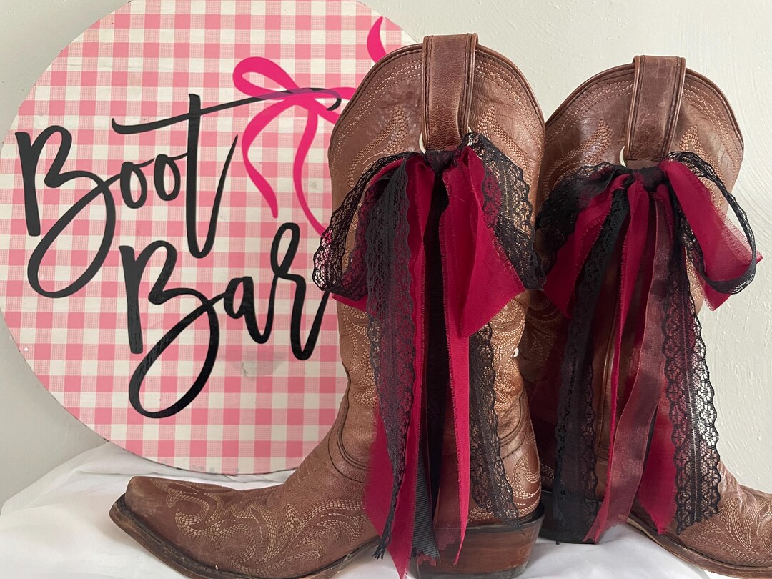 Red Red Wine Black Lace and Dark Red Sheer Ribbon Boot Bows Cowgirl ...