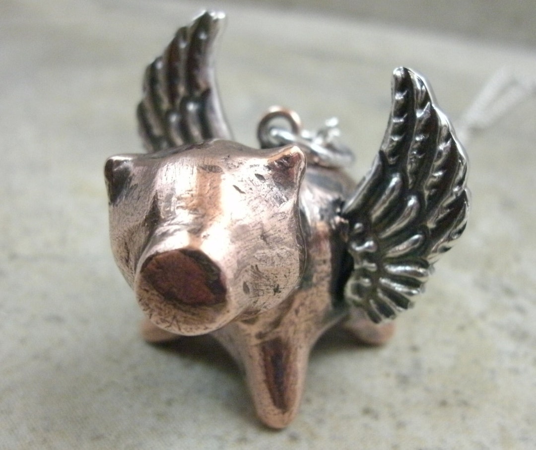 Flying Pig Fine Silver & Copper Necklace- When Pigs Fly Jewelry- Wing ...