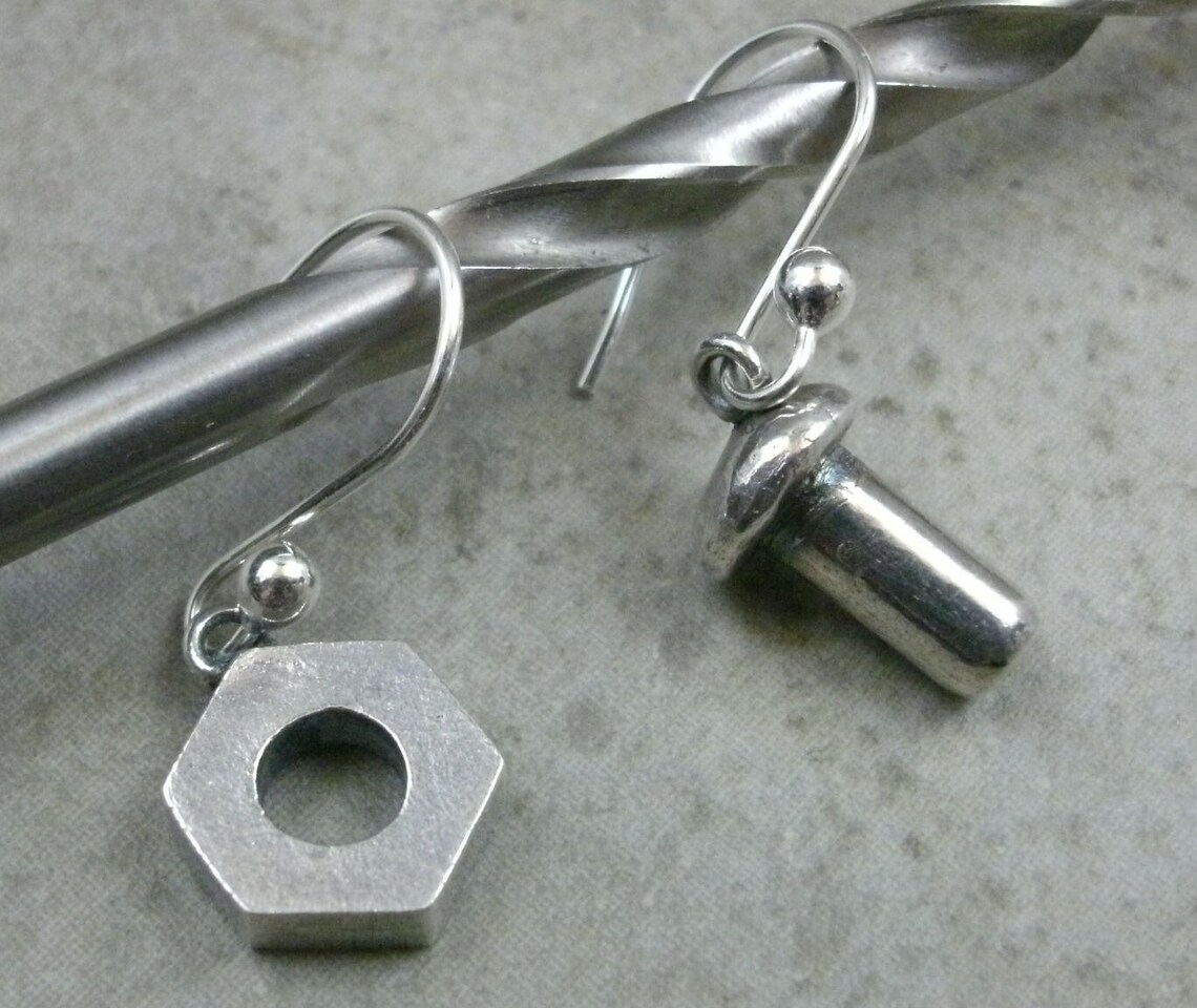 Nuts & Bolts Earrings in Sterling Silver- Industrial Jewelry- Dangle ...