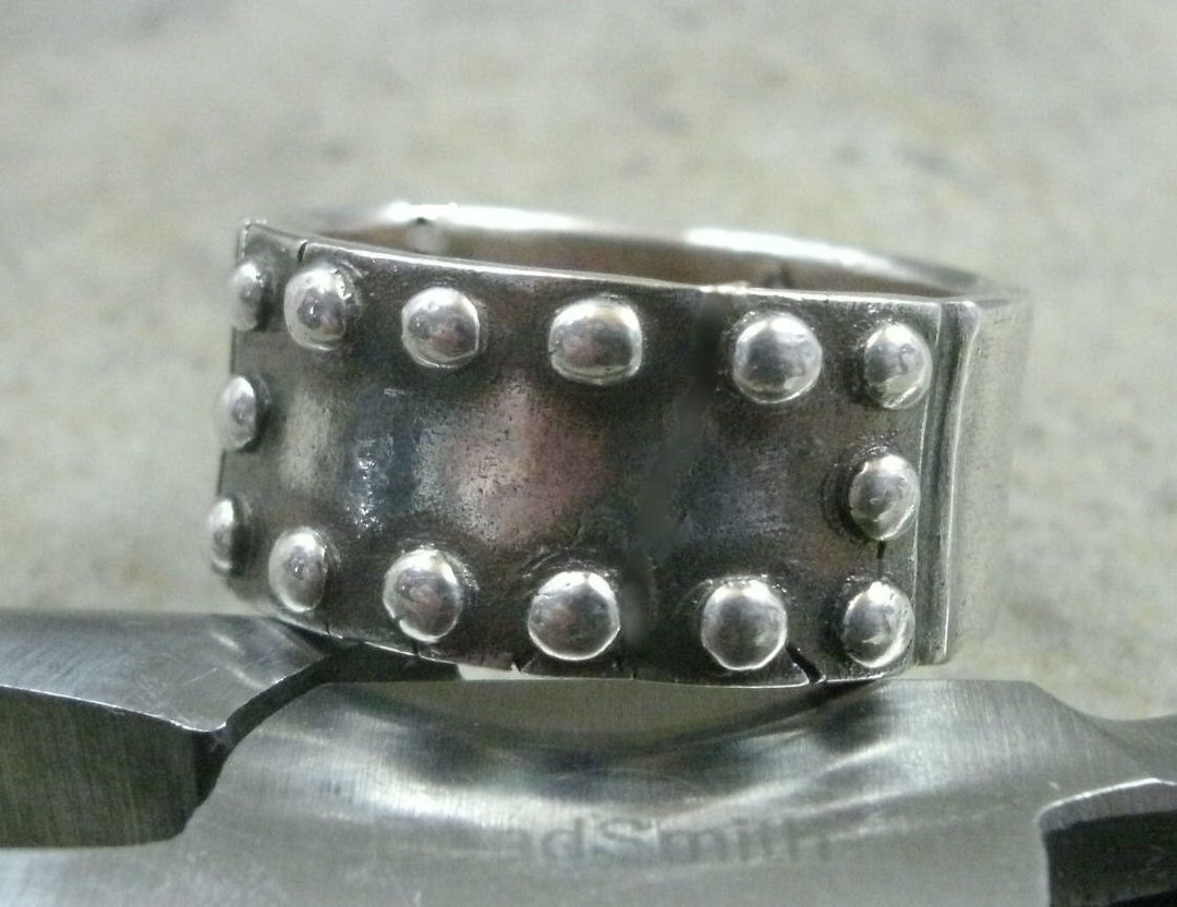 Riveted Metal Plate Ring in Fine Silver- Steel Plate- Rivets- Wedding ...