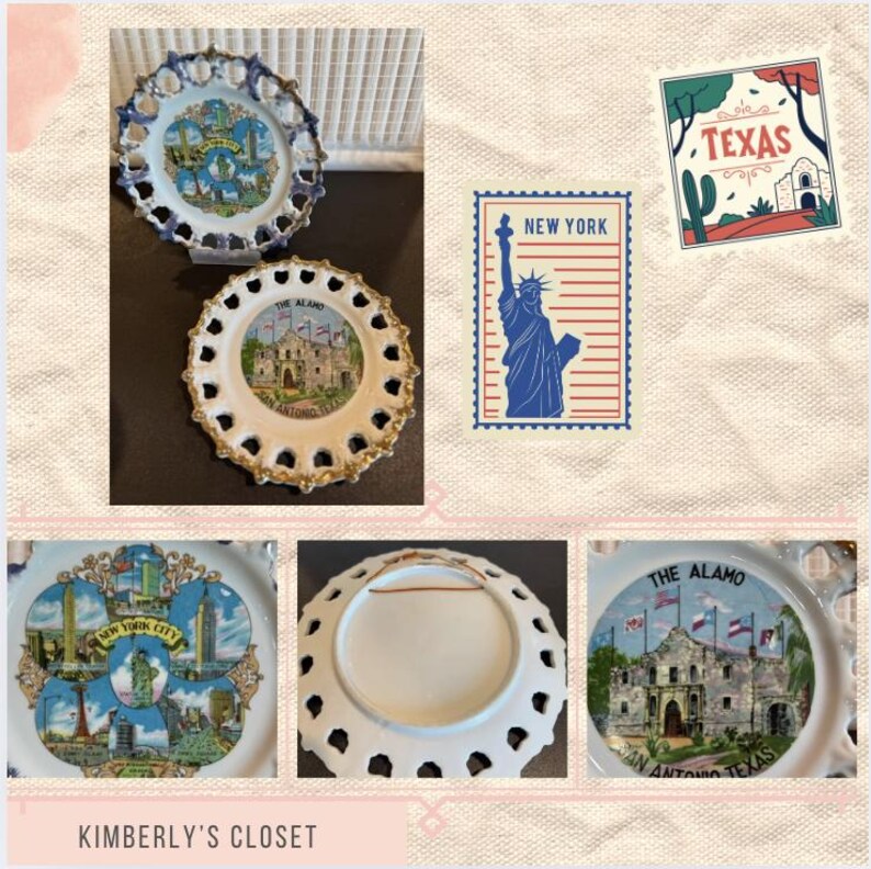 Vintage Souvenir Plate Set – the Alamo & New York City – Reticulated ...