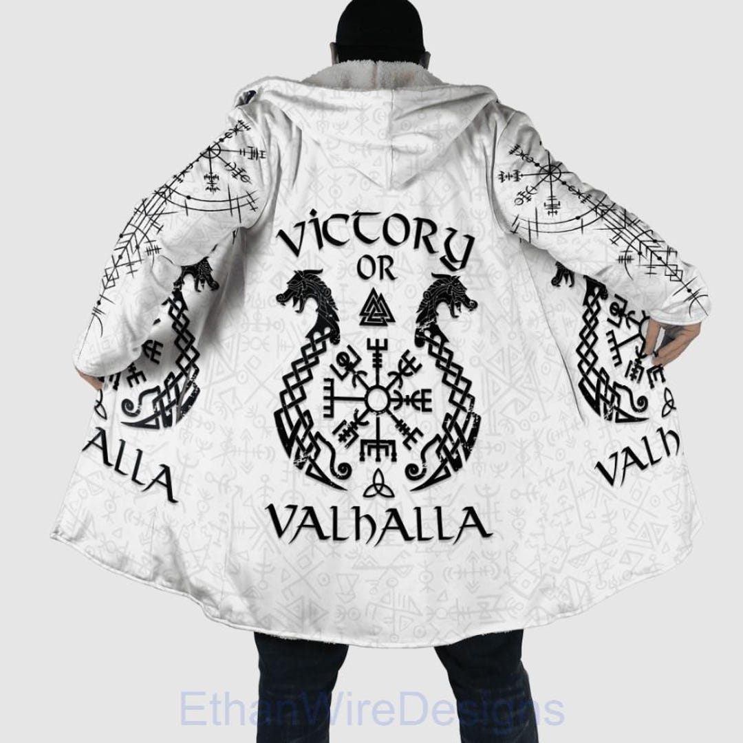 Viking Rune Hooded Cloak Coat, Norse Mythology Sherpa Lined Jacket ...