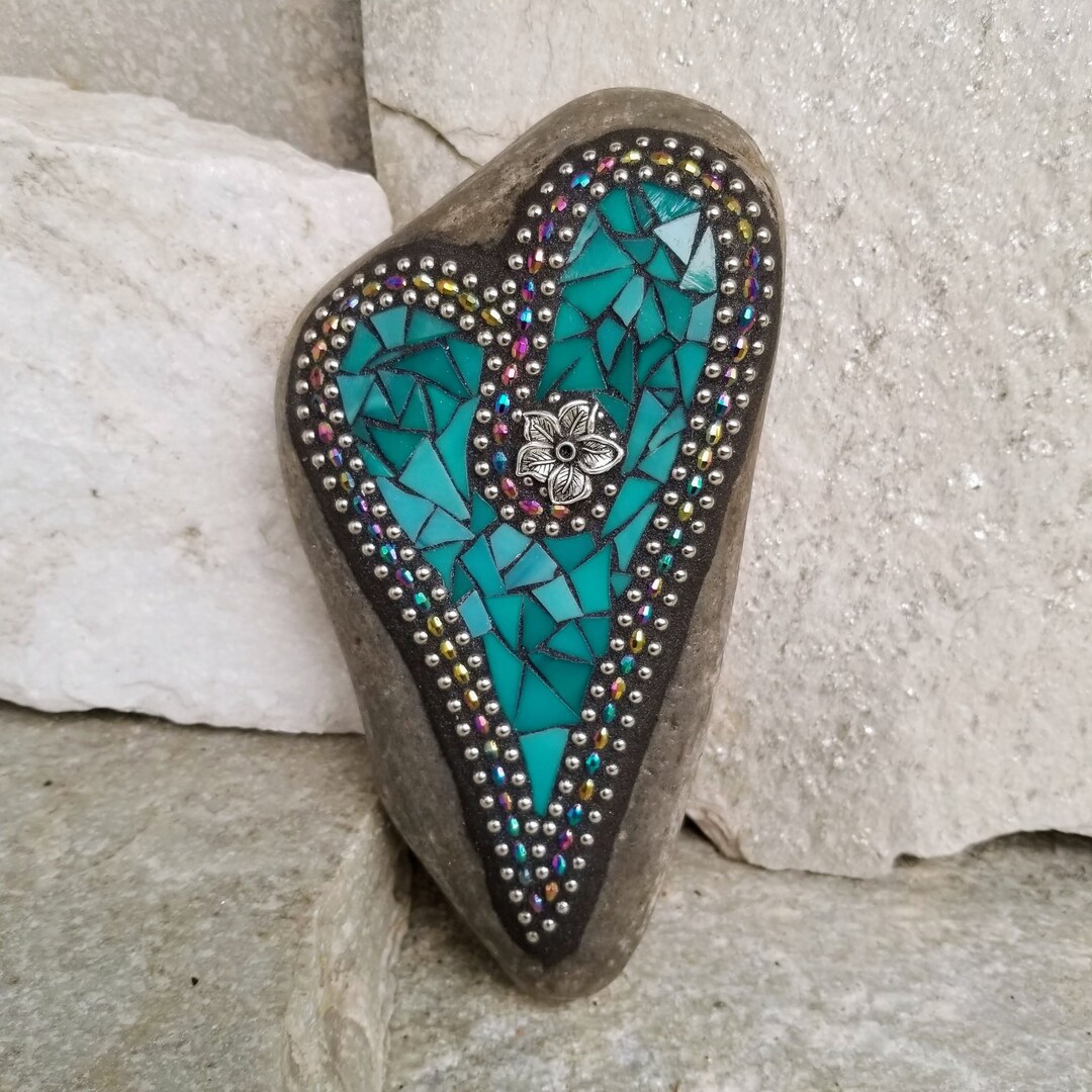 Turquoise Blue Mosaic Heart Garden Stone - Etsy
