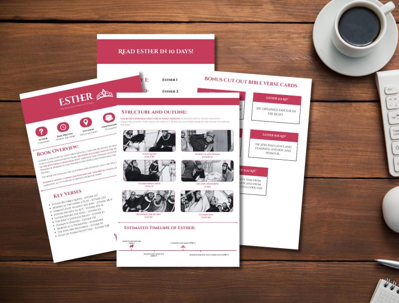 Esther Bible Study Printable Pack: Christian Infographic + Reading Plan ...