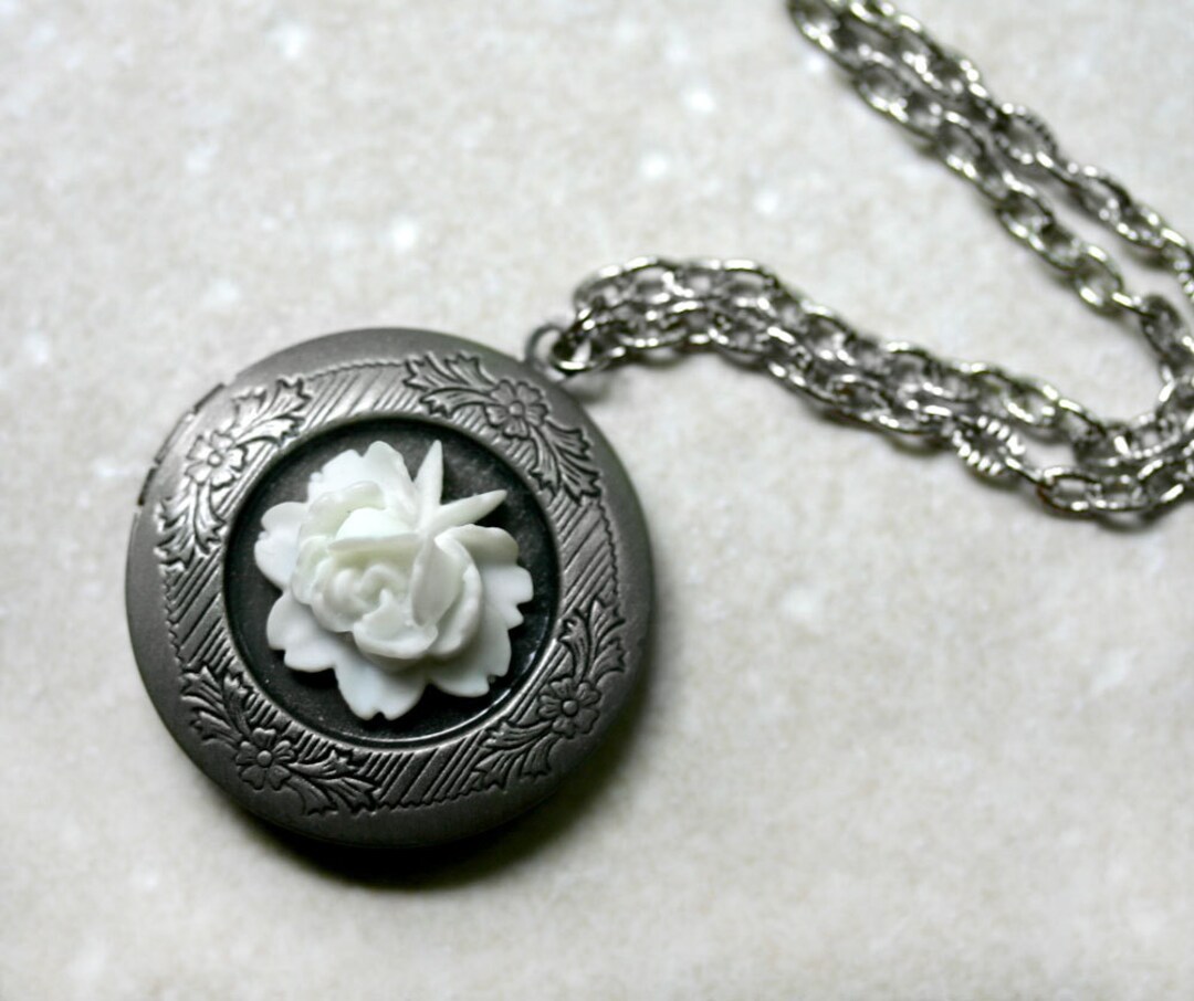Antique Silver White Rose Locket Necklace - Etsy