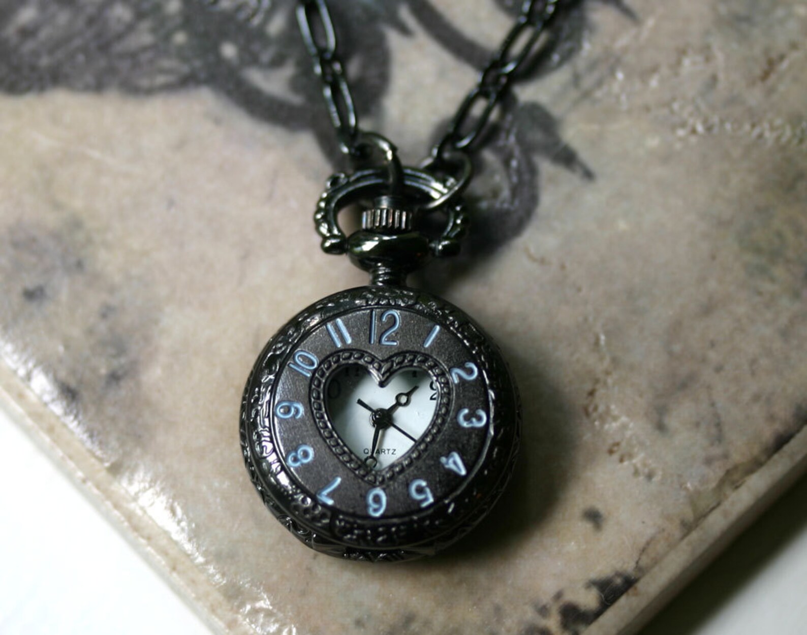 Gothic Necklace Heart Pocket Watch in Gunmetal - Etsy Canada