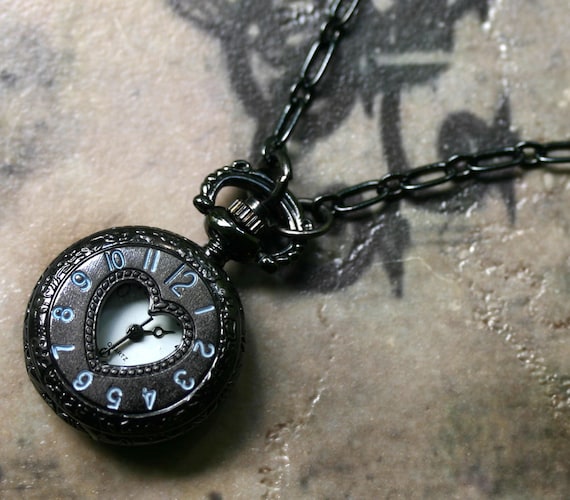 Gothic Necklace Heart Pocket Watch in Gunmetal | Etsy