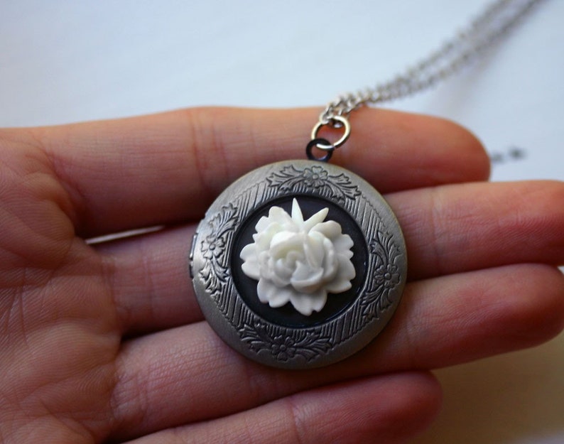 Antique Silver White Rose Locket Necklace - Etsy