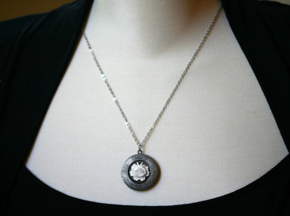 Antique Silver White Rose Locket Necklace - Etsy