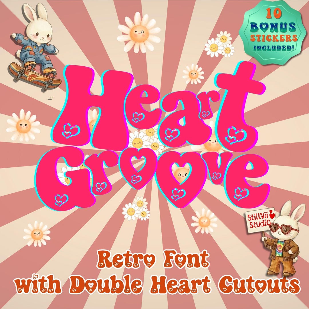 Retro Groovy Font 70s Vintage With Double Heart Cutouts for Sublimation ...
