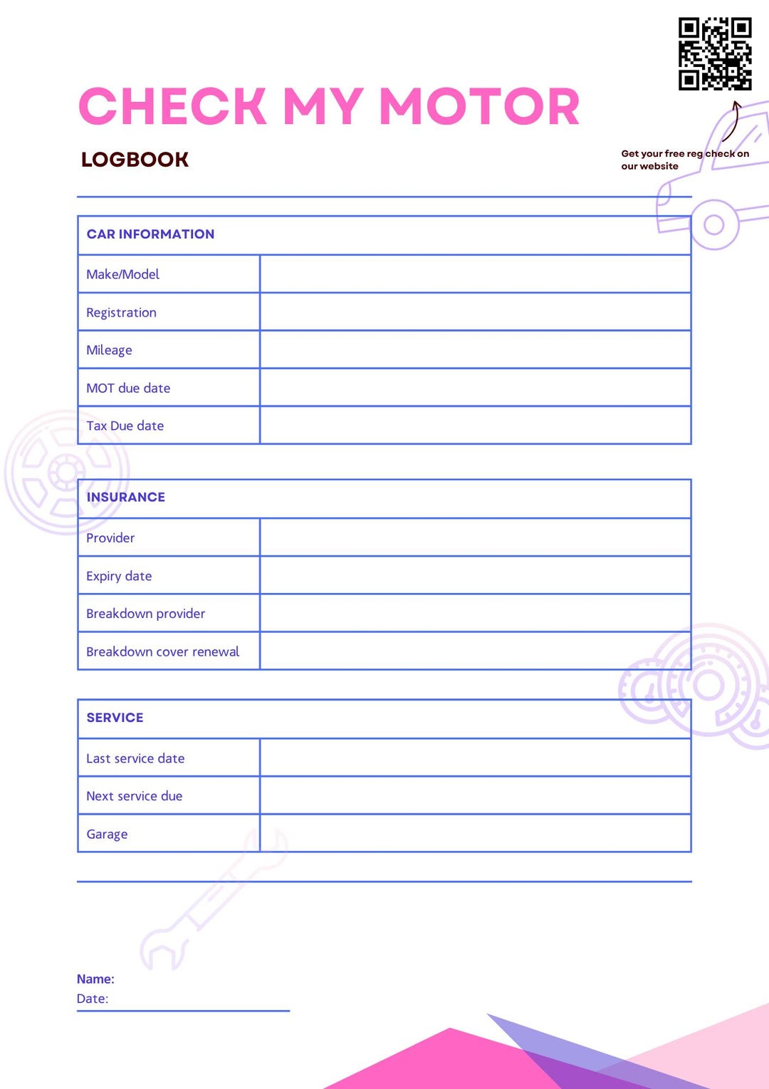 Printable Car Logbook UK | MOT & Tax Reminder Tracker | Vehicle ...