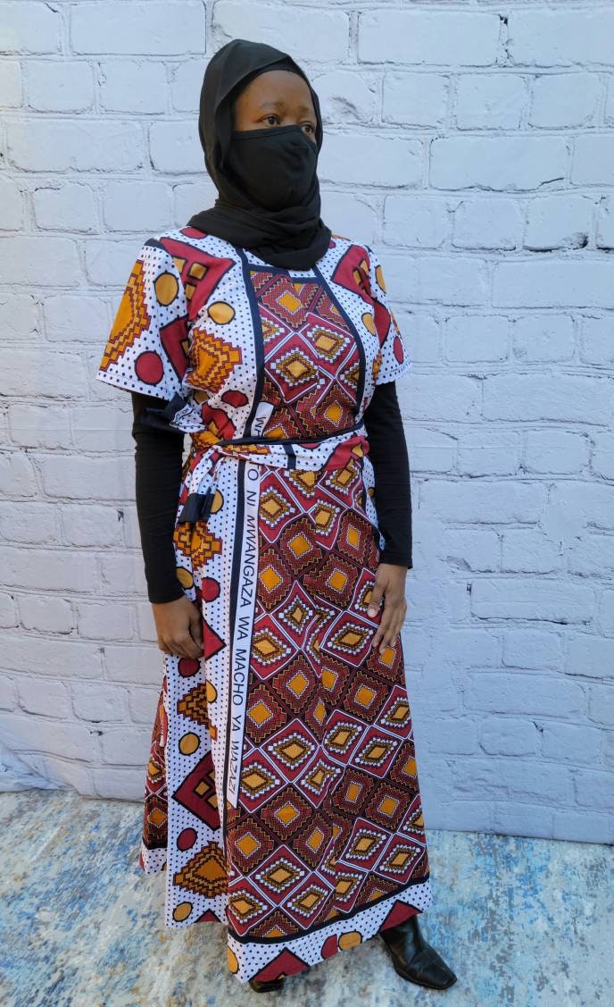 Leso Dress W/ Wrap Swahili African Print Brown White Red - Etsy