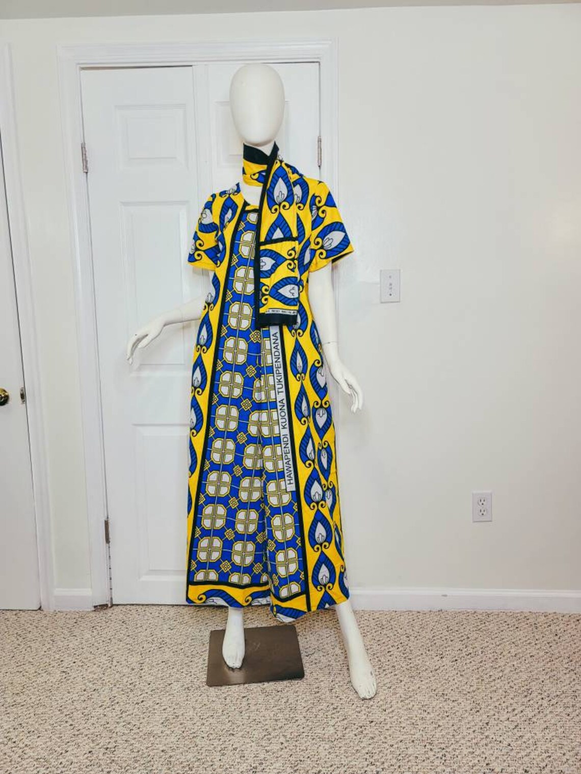 Leso Dress W/ Wrap Swahili African Print Blue and Yellow, A-line Head ...