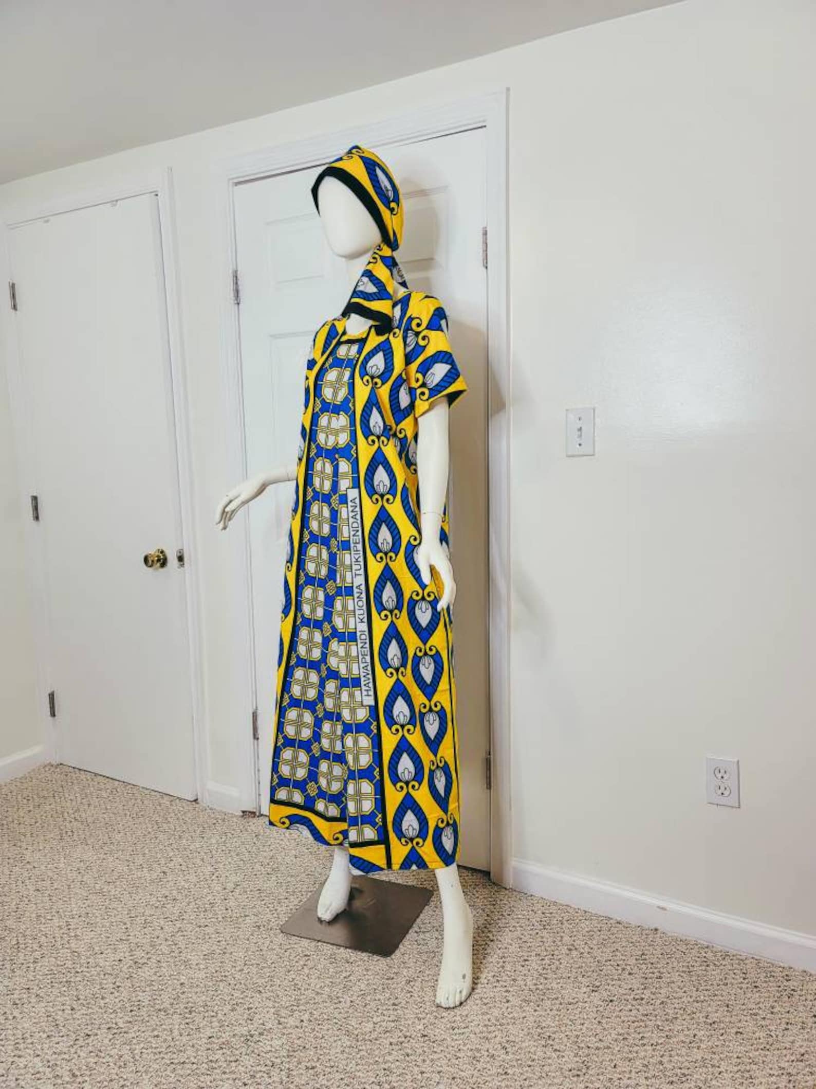 Leso Dress W/ Wrap Swahili African Print Blue and Yellow, A-line Head ...