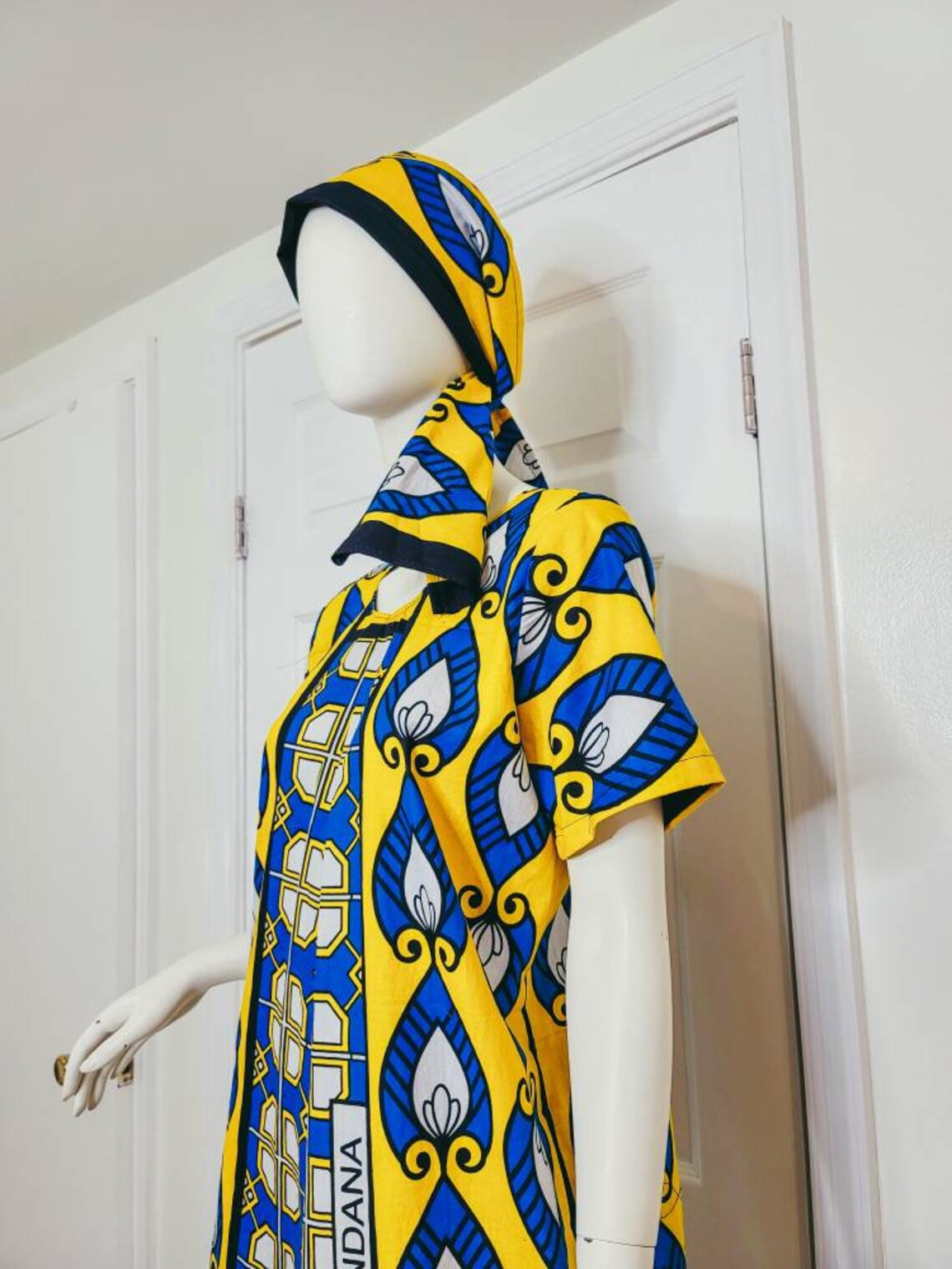Leso Dress W/ Wrap Swahili African Print Blue and Yellow, A-line Head ...