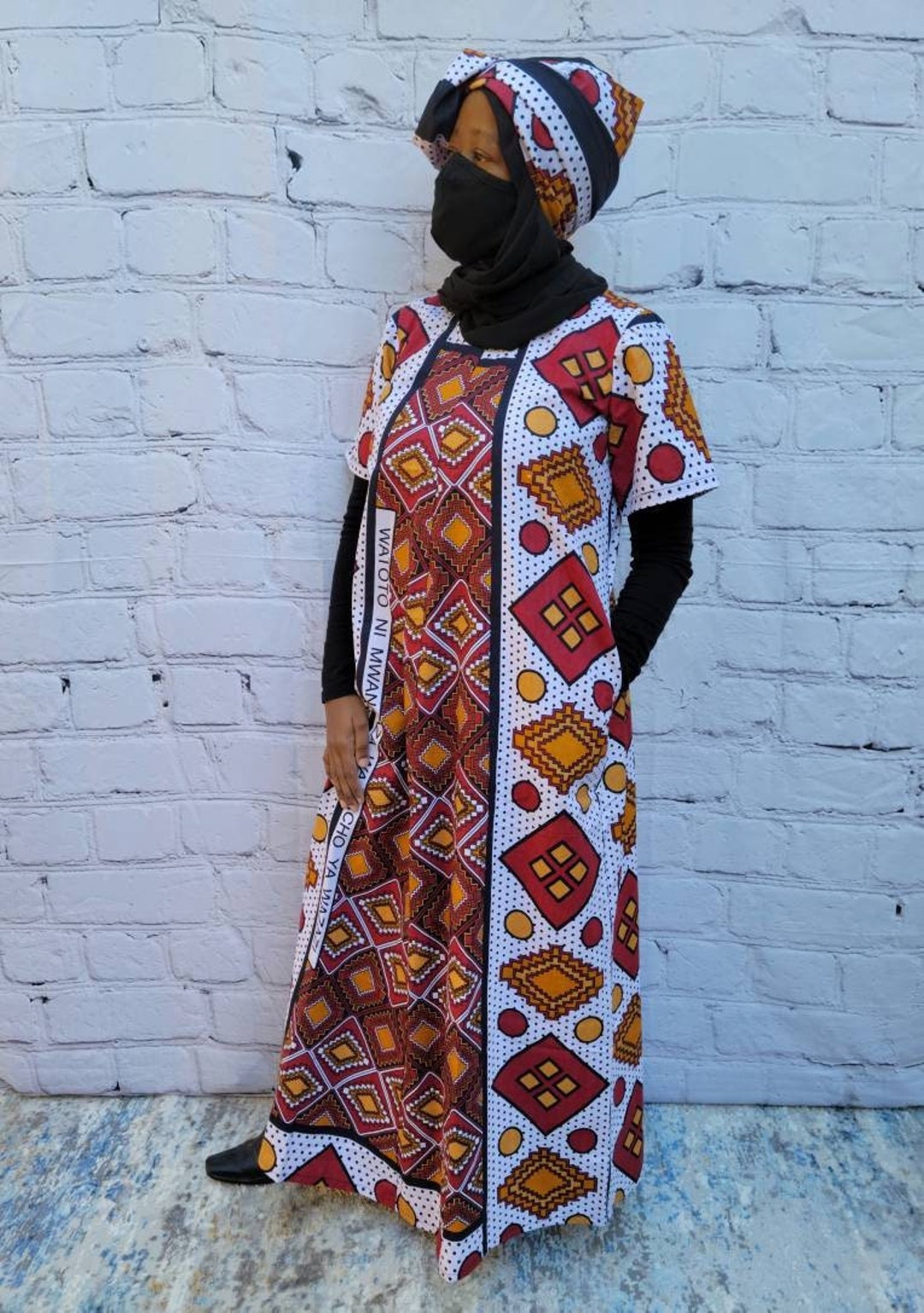 Leso Dress W/ Wrap Swahili African Print Brown White Red - Etsy