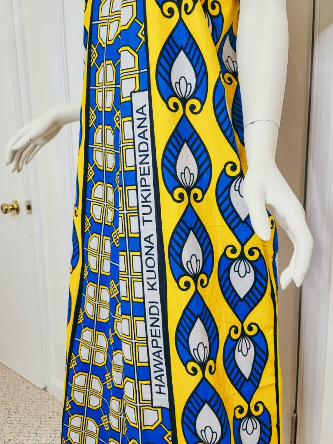 Leso Dress W/ Wrap Swahili African Print Blue and Yellow, A-line Head ...