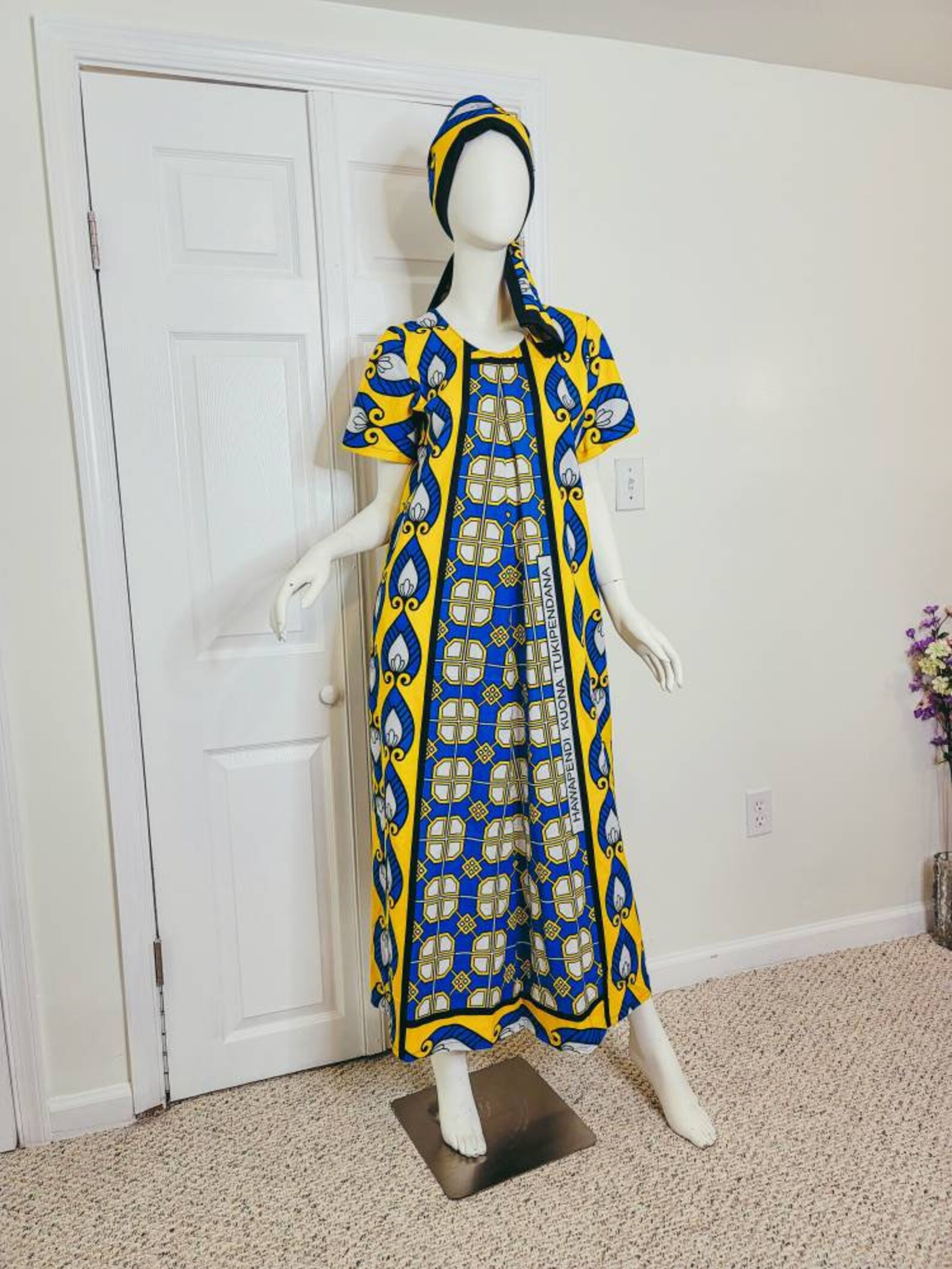 Leso Dress W/ Wrap Swahili African Print Blue and Yellow, A-line Head ...