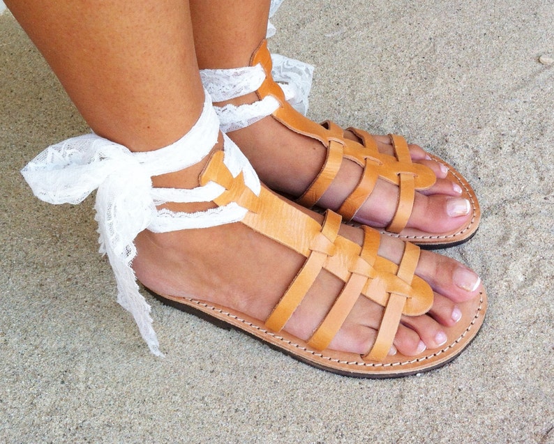 Leather sandals with lace trim wedding sandals gladiator | Etsy