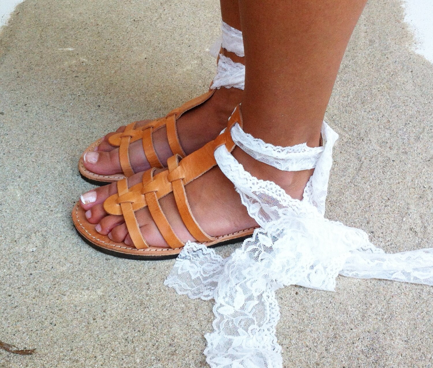 Leather sandals with lace trim wedding sandals gladiator | Etsy
